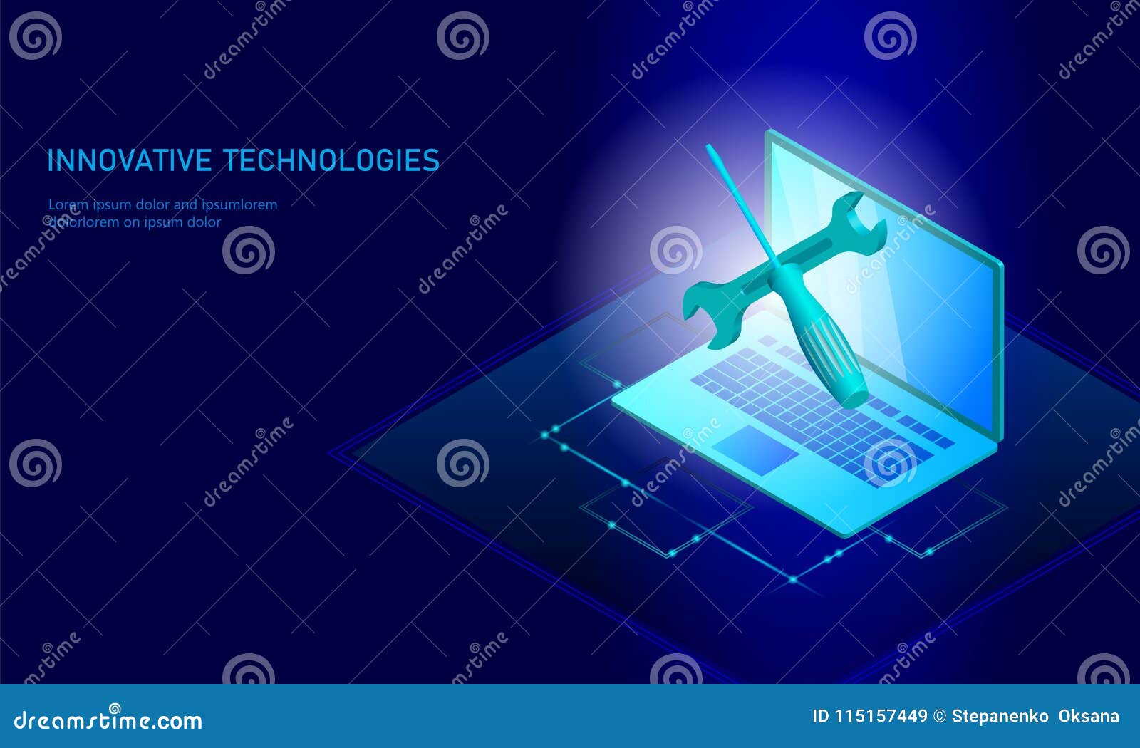 Computer Service Repair Isometric Laptop. 3d Blue Flat Technical ...
