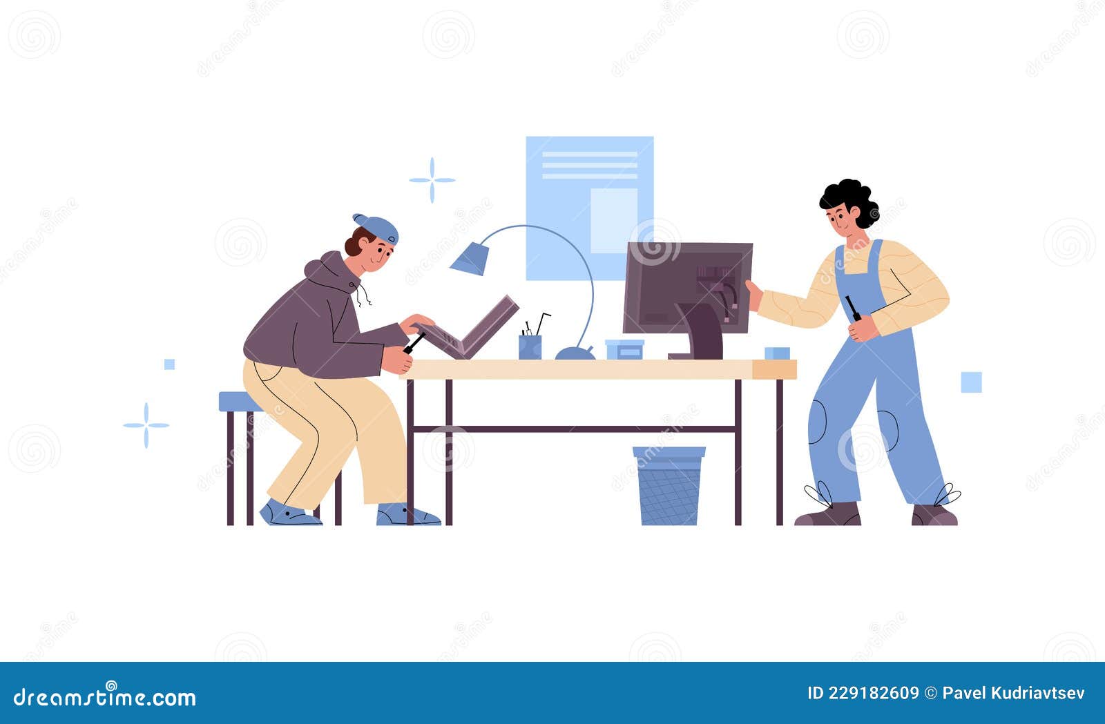 Computer Service Repairs or Masters at Work, Flat Vector Illustration ...