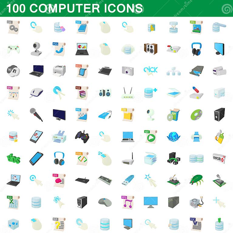 100 Computer Set, Cartoon Style Editorial Stock Image - Illustration of ...