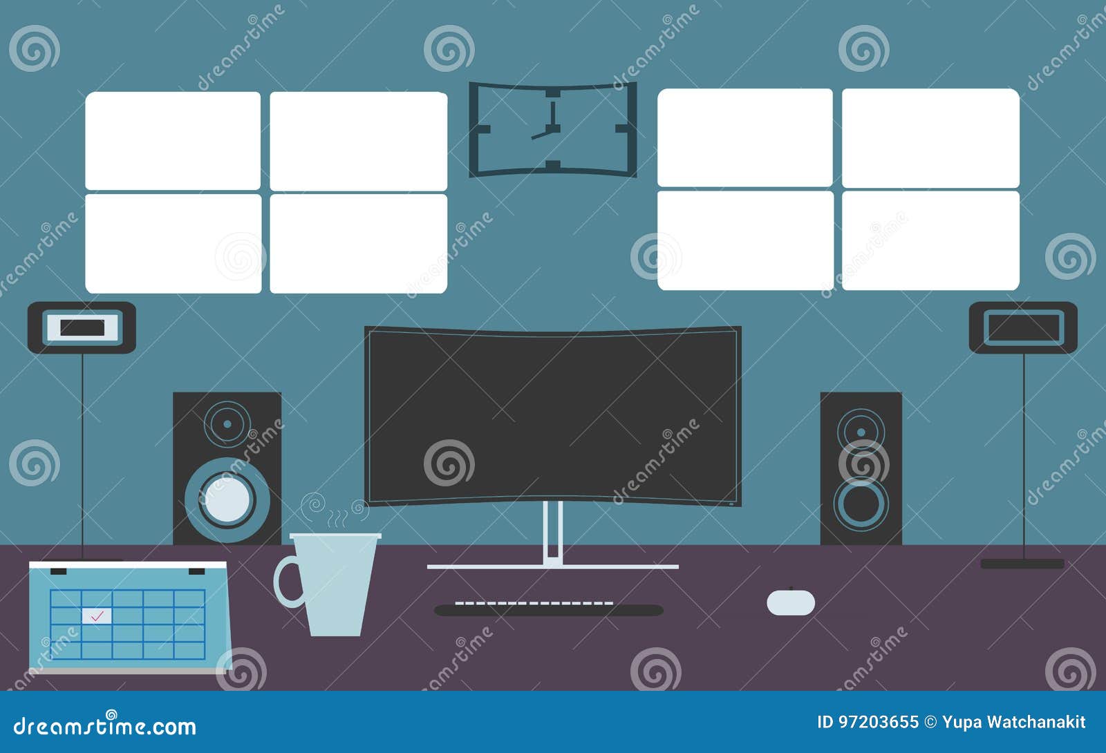 Computer Set on Table with Speaker Stock Illustration - Illustration of ...