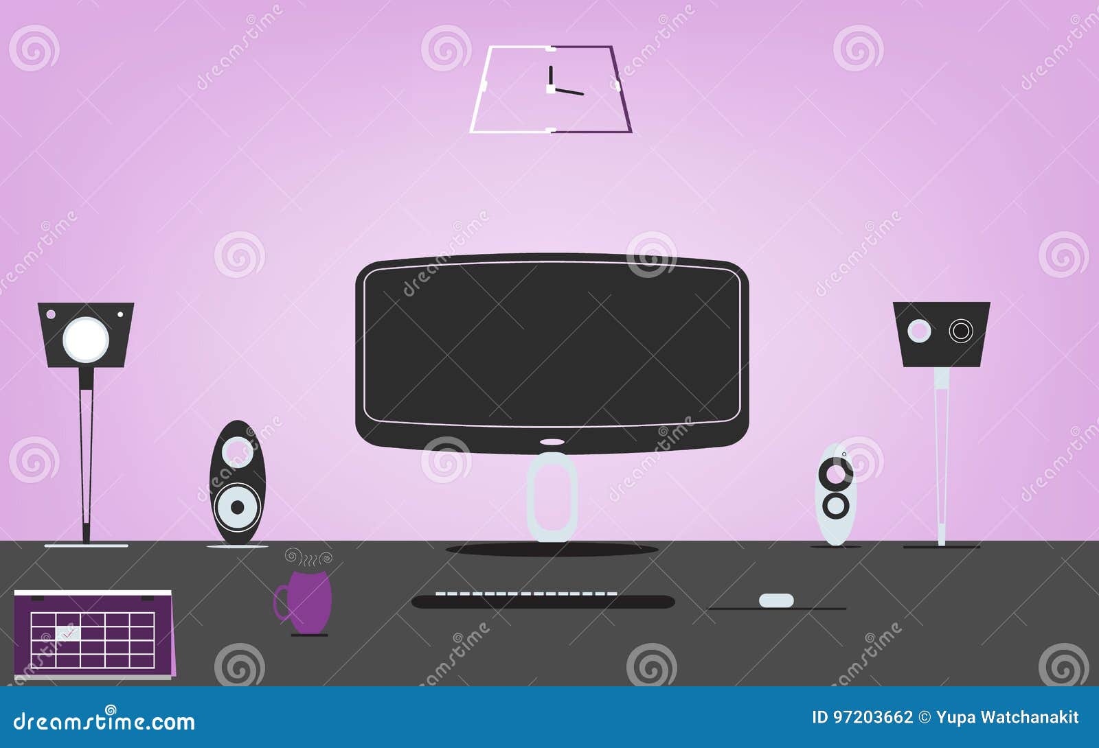 Computer Set on Table with Speaker Stock Illustration - Illustration of ...