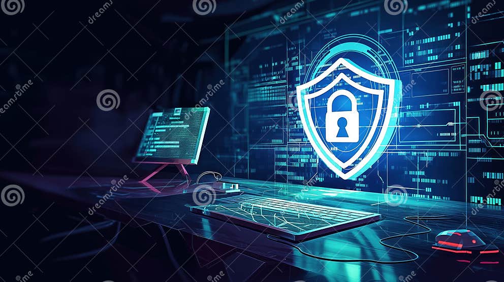 Computer Setup with Blue Shield on Monitor Protected by Keypad ...