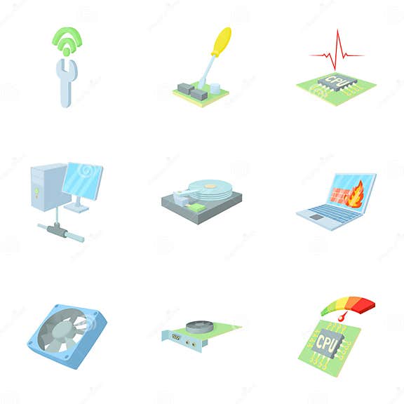 Computer Setup Icons Set, Cartoon Style Stock Vector - Illustration of ...