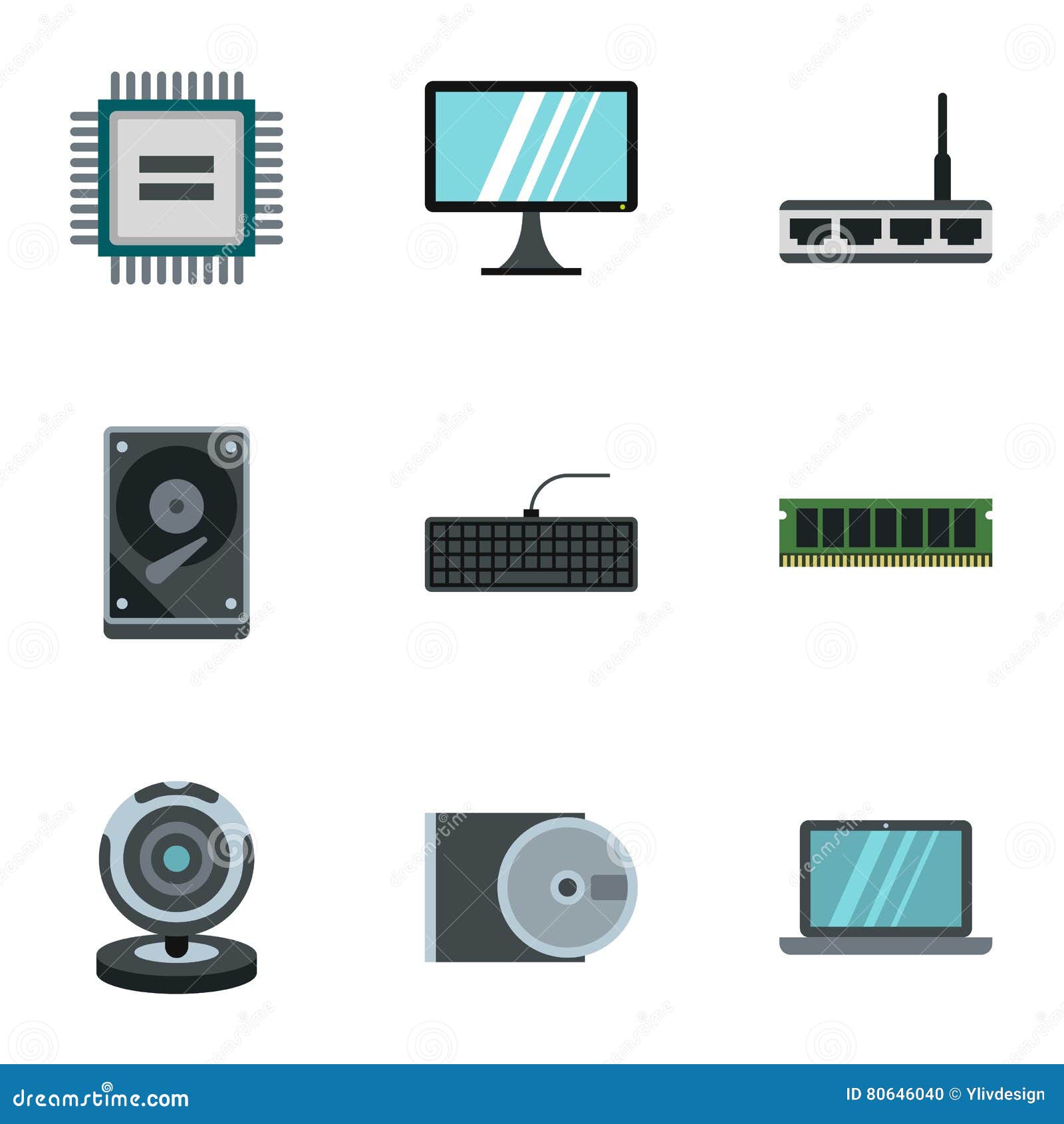 Computer Setup Icons Set, Flat Style Stock Vector - Illustration of ...
