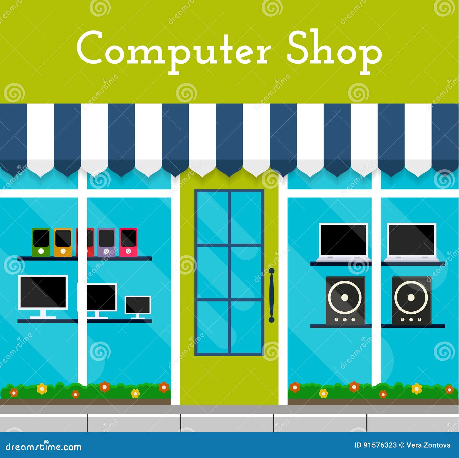 Computer Shop Building Facade or Front. Stock Vector - Illustration of ...