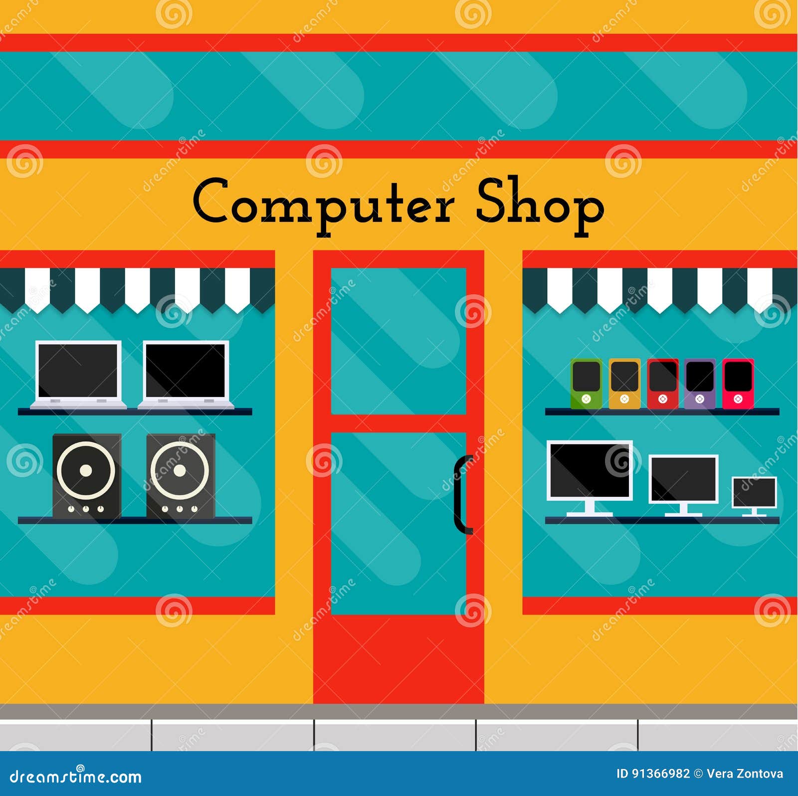 Computer shop facade. stock vector. Illustration of exterior - 91366982