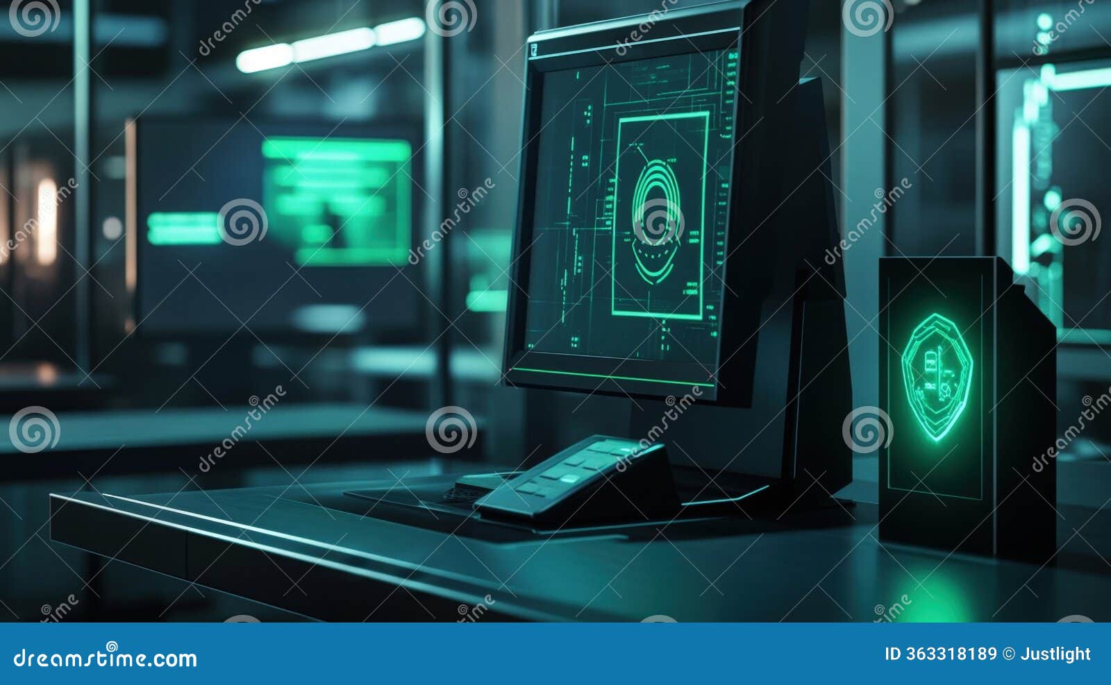 Computer Showing Futuristic Cyber Security Interface in Dark Room Stock ...