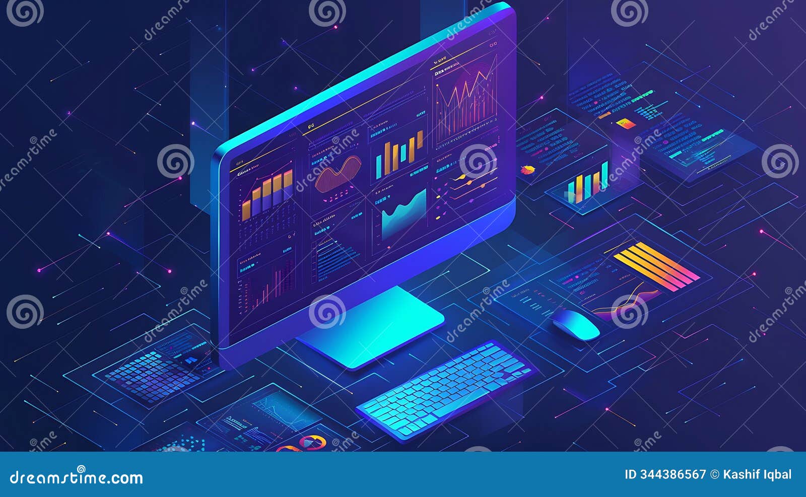 Computer Showing Interactive Data in Isometric Workspace Stock ...
