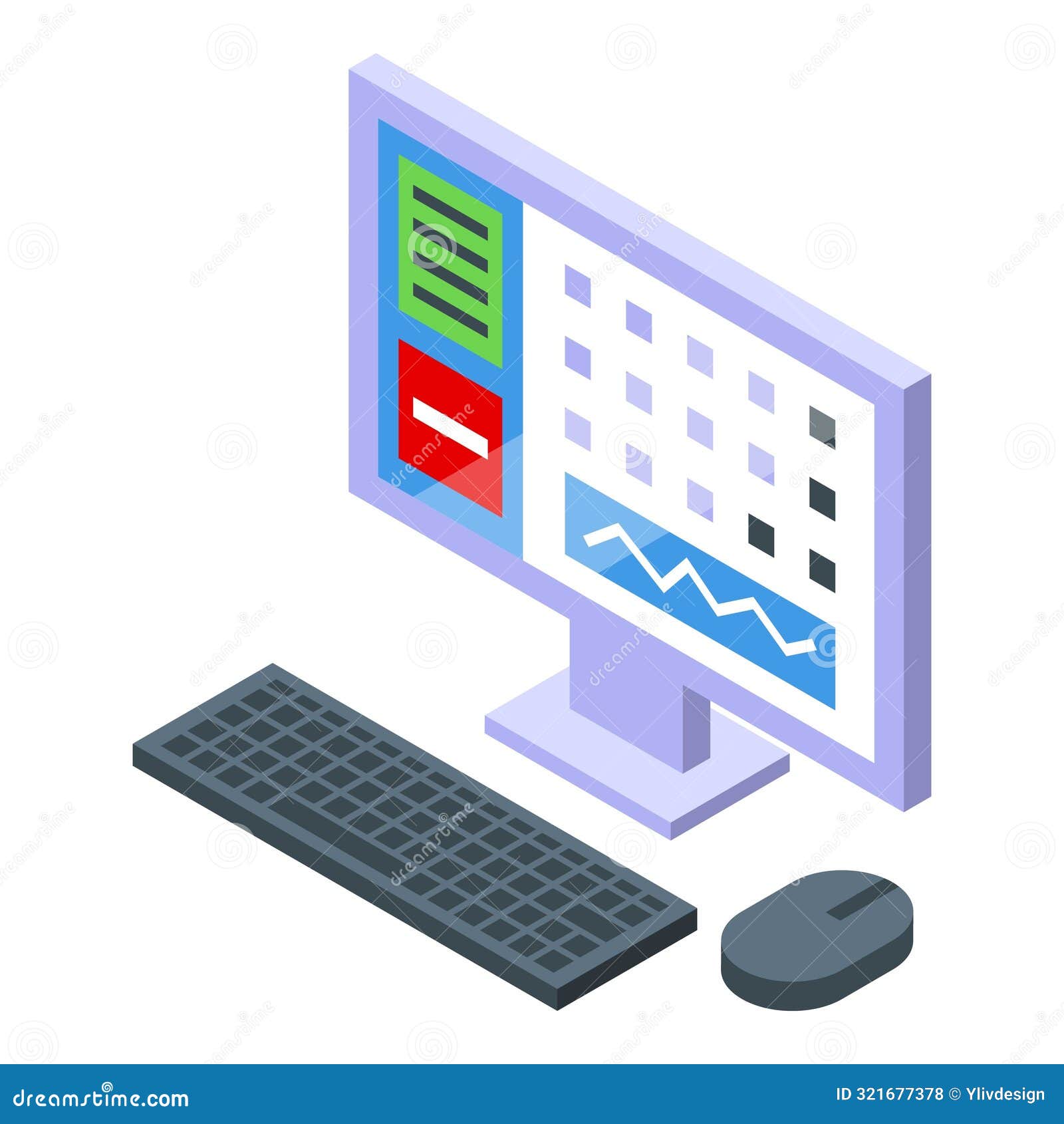 Computer Showing Statistics Chart with Keyboard and Mouse Isometric ...