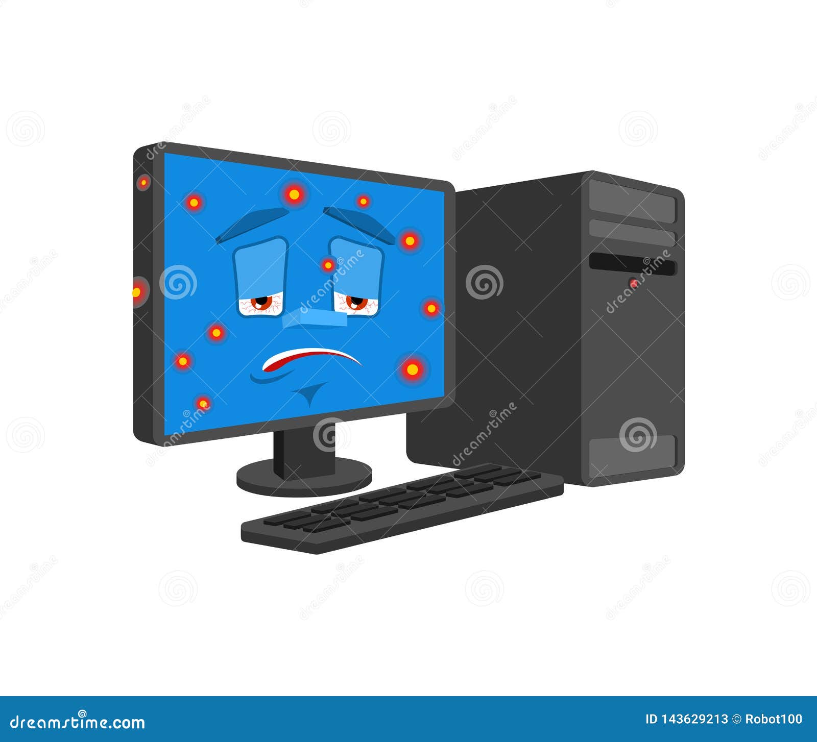 Computer Sick Infection Isolated. Virus Ill PC Cartoon Style Stock ...