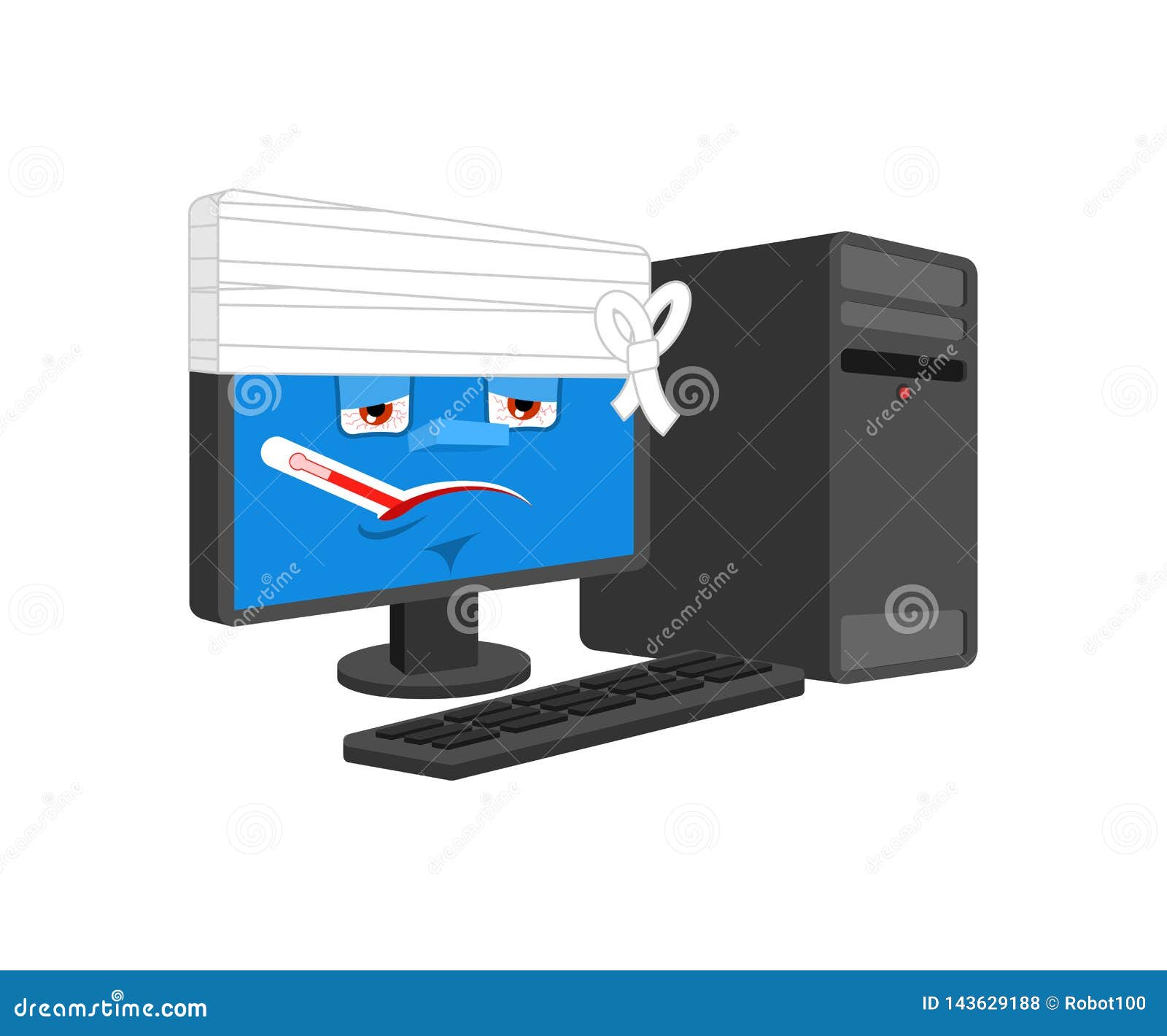 Computer Sick with Thermometer Isolated. Ill PC Cartoon Style. Data ...