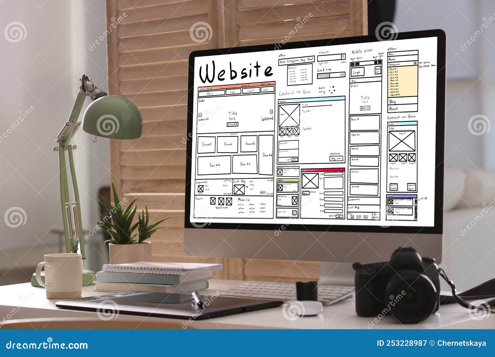 Computer with Sketch of Website Planning and Design on White Table ...
