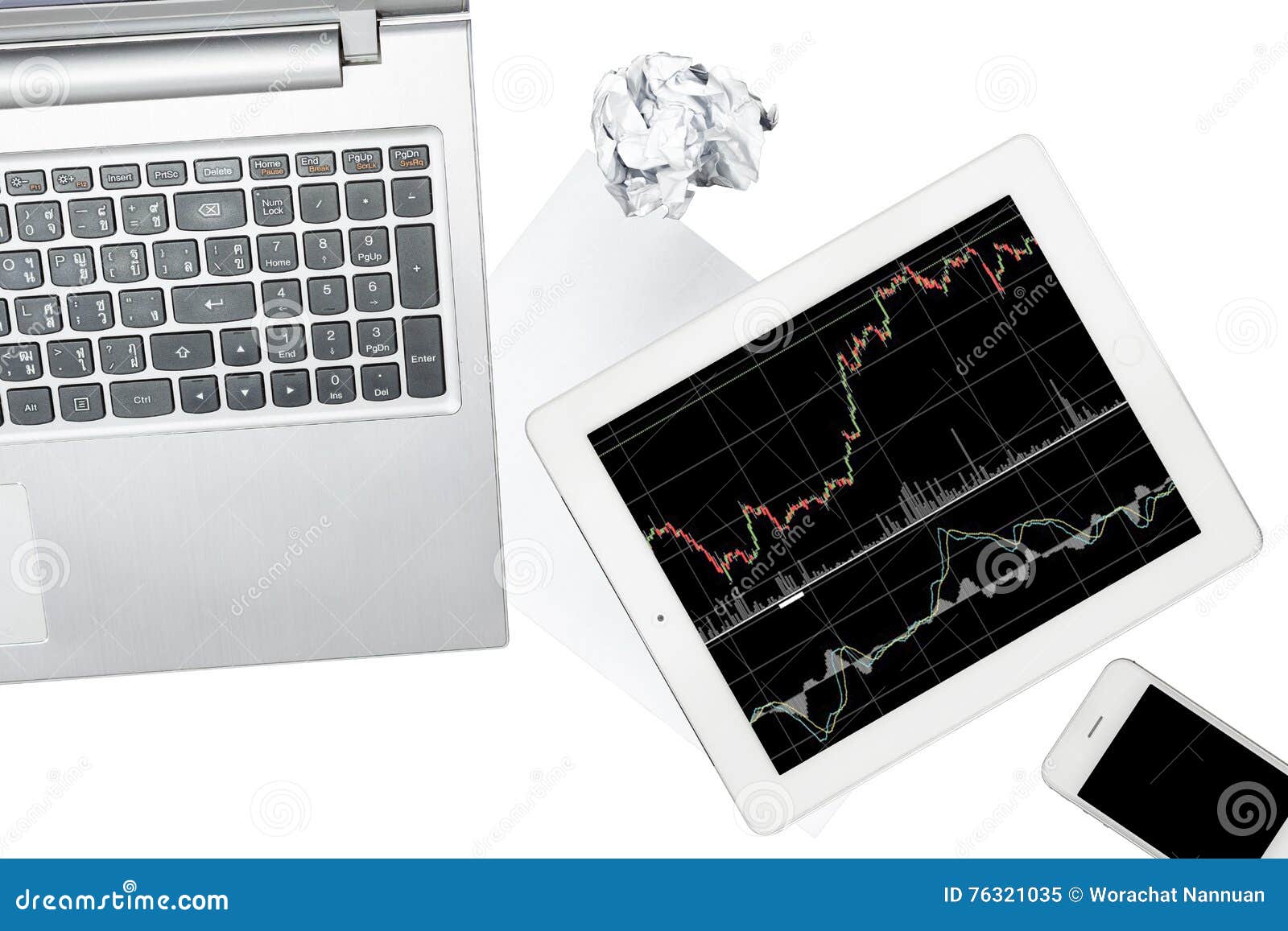 Computer, Smartphone, Tablet with Graph and Paper is Isolated on Stock ...