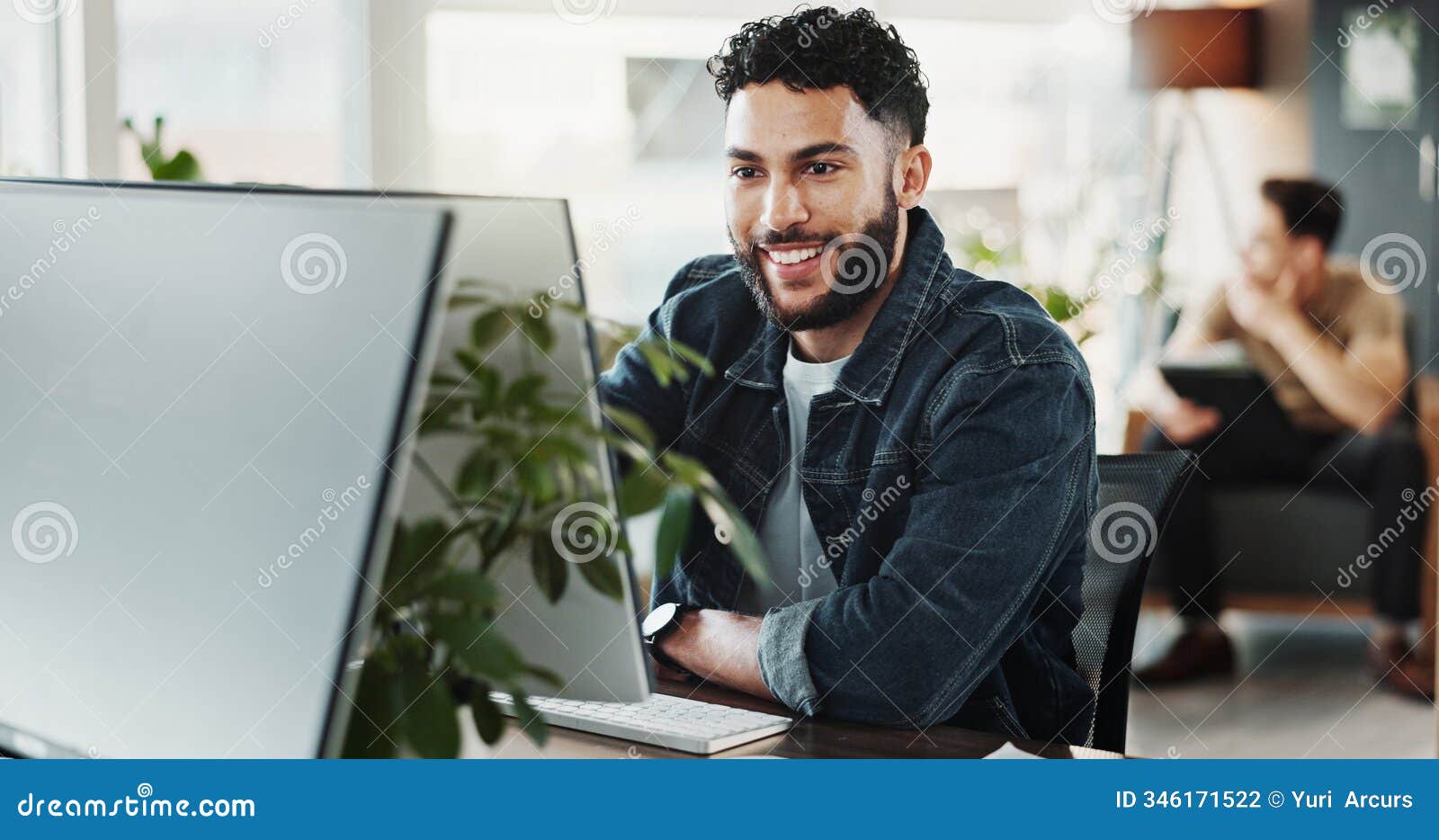 Computer, Smile and Web Development with Man in Creative Workplace for Coding or Design ...