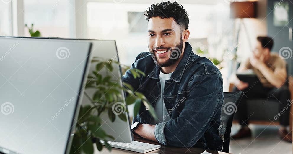 Computer, Smile and Web Development with Man in Creative Workplace for ...