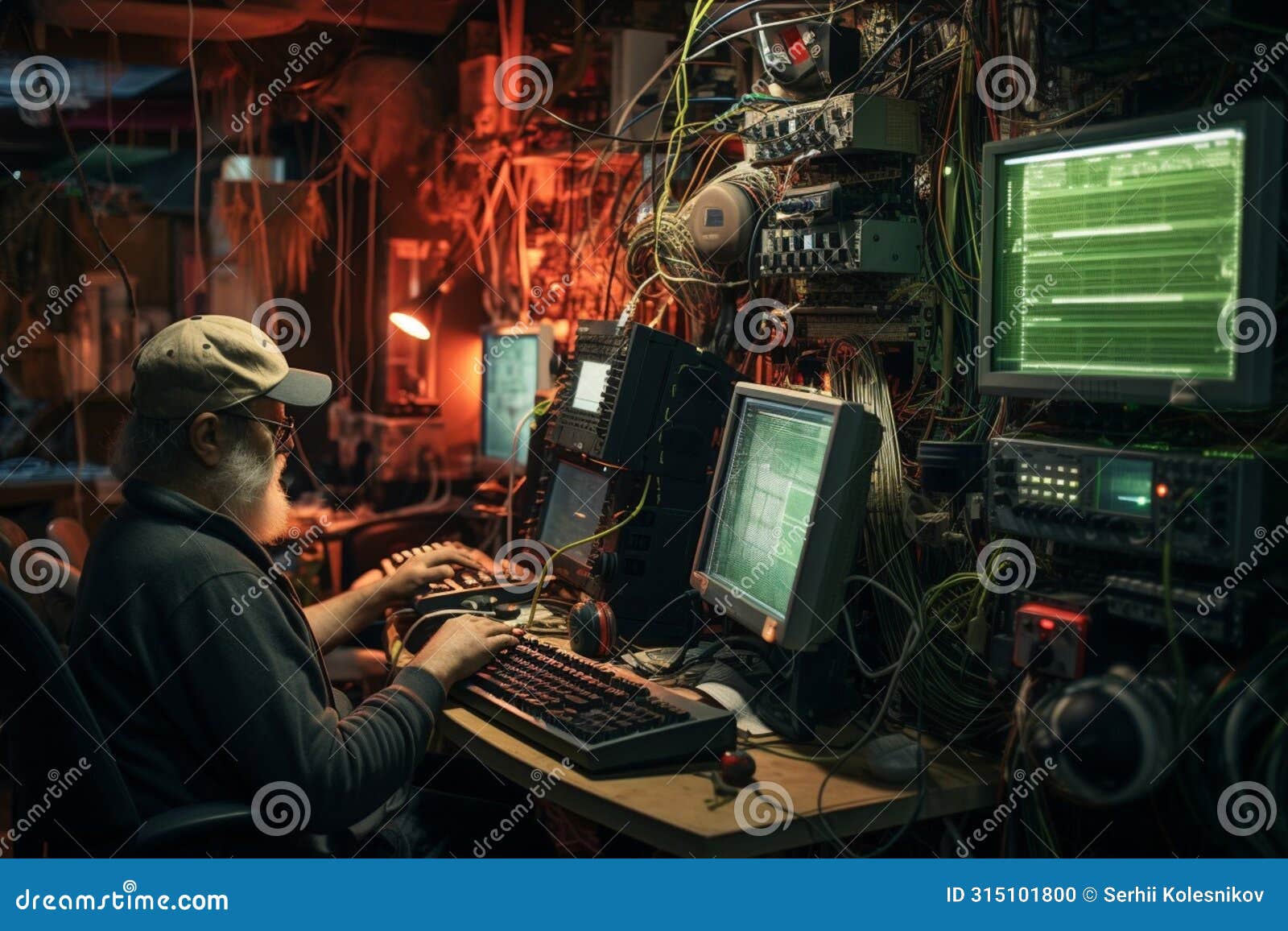 A Hacker Sits And Works At A Computer A Computer Specialist Creates Software A Programmer