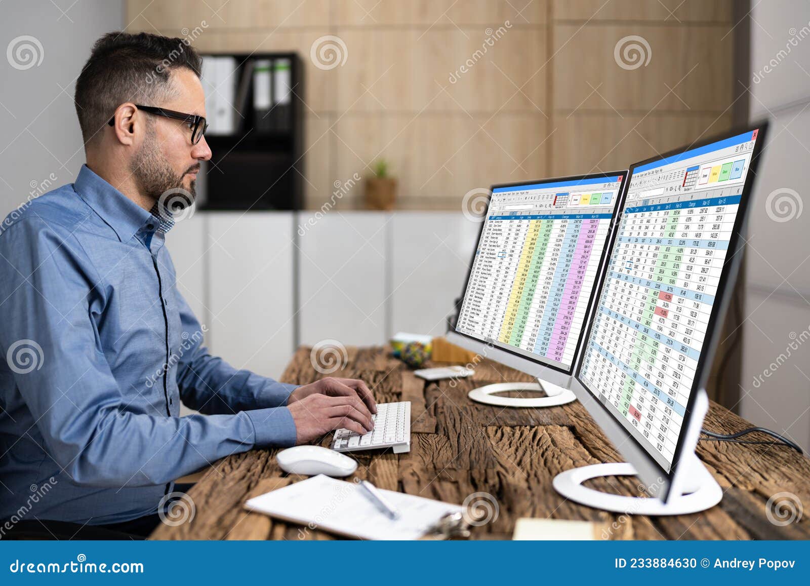 Computer Spreadsheet Data Analyst Man Stock Photo - Image of invoice ...