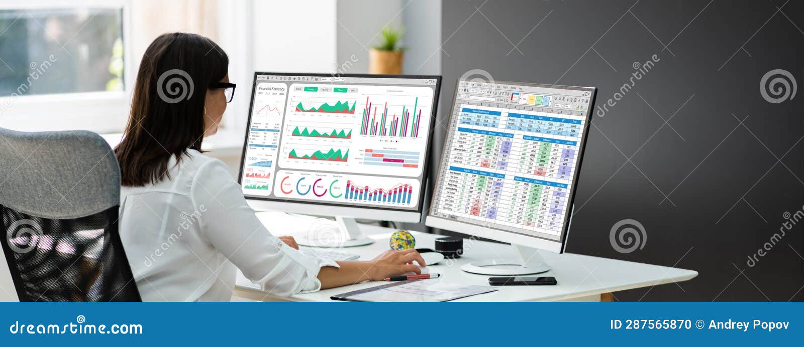 Computer Spreadsheet Data Analyst Woman Stock Photo - Image of desktop ...