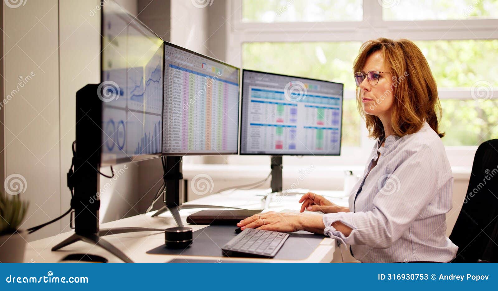 Computer Spreadsheet Data Analyst Woman Stock Image - Image of office ...