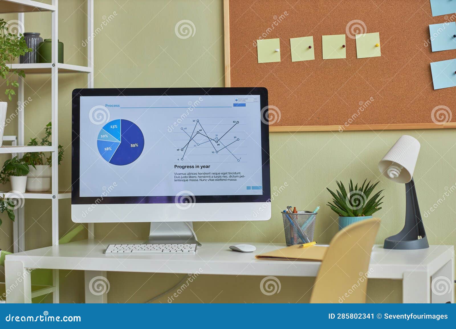 Computer with Statistics Data Charts on Screen on Cozy Office Workplace ...