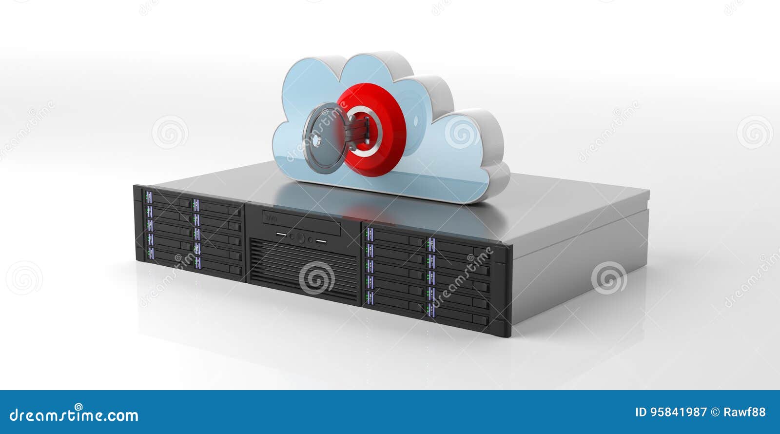 Computer Storage Server and Cloud with Lock on White Background. 3d ...