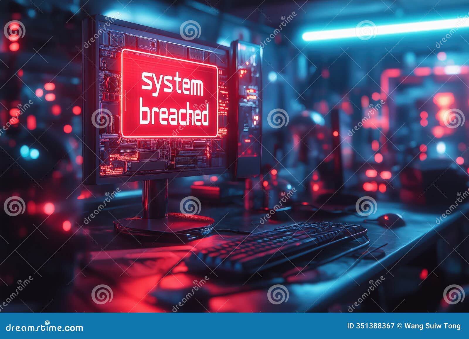 Computer System Alert Indicating Breach in a Dimly Lit Tech Environment ...