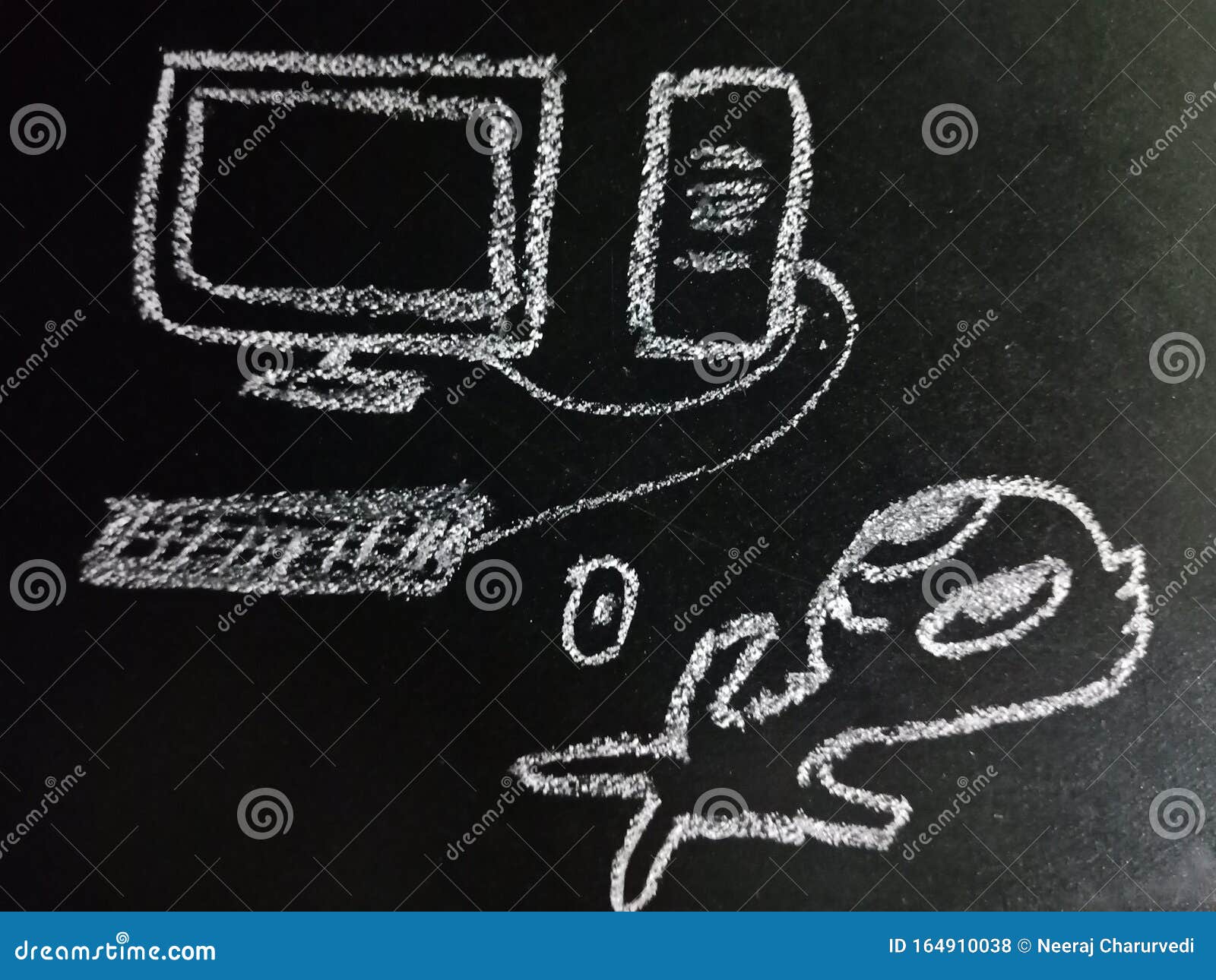 Computer System with Cartoon Character Lying on Chalkboard Concept ...
