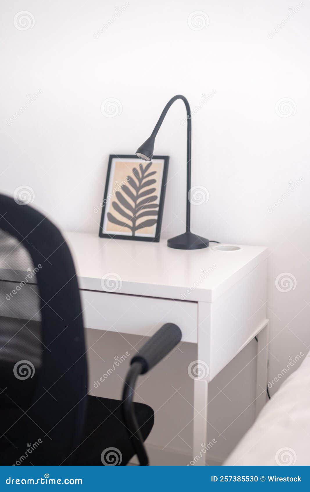 Computer Table with Chair in White Minimalistic Setting Stock Photo ...