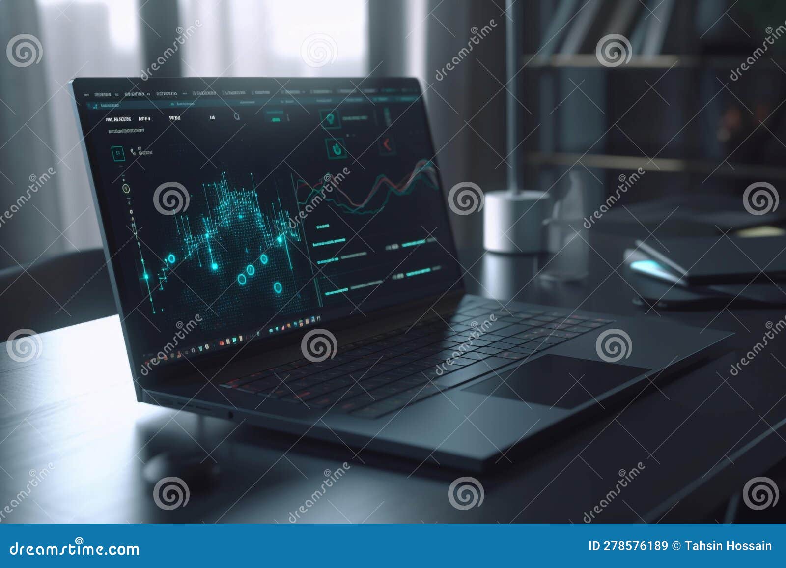 Computer on a Table Laptop with a Data Analytics Dashboard, AI ...