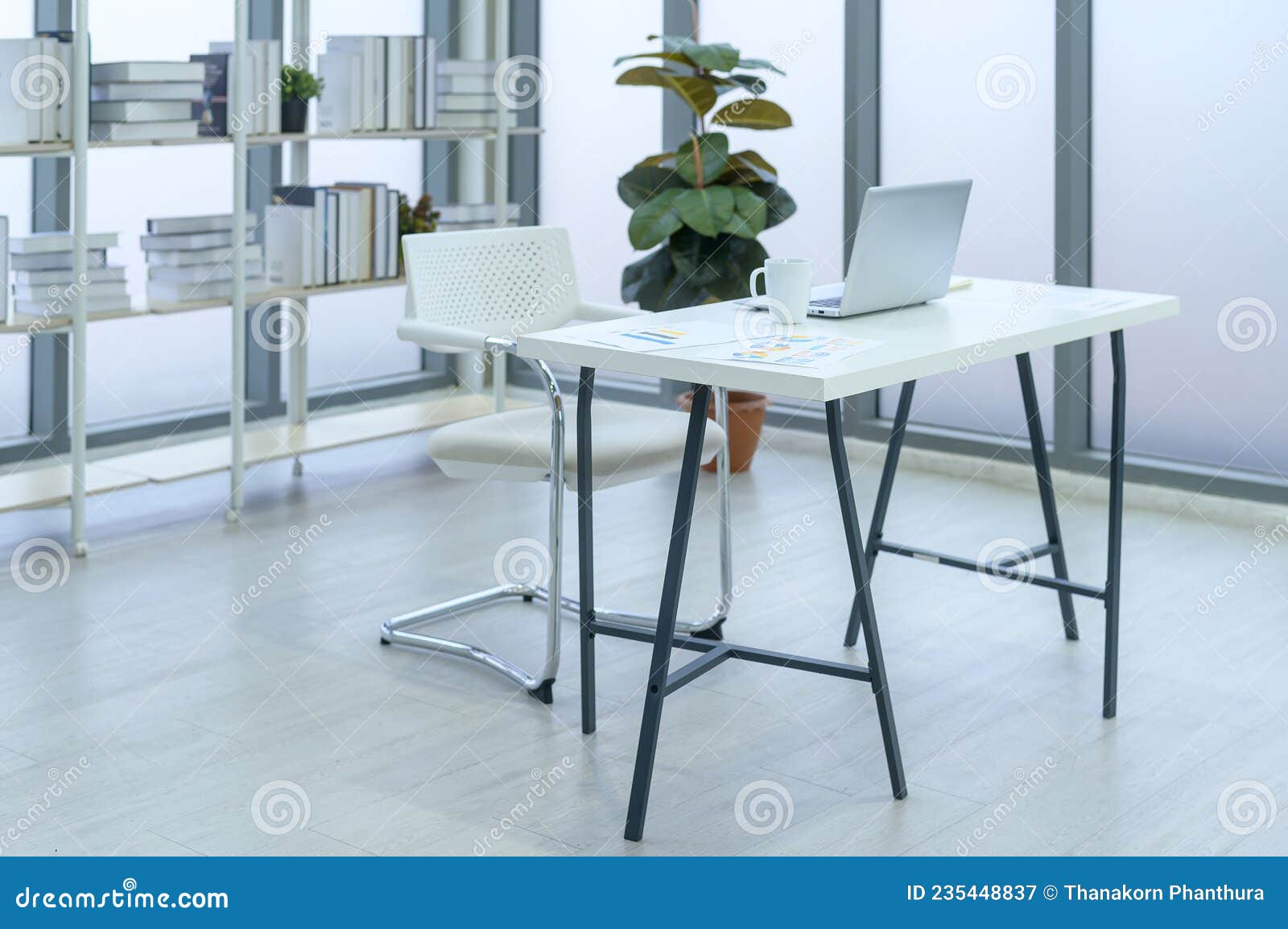 Computer on Table in Modern Office Stock Image - Image of interior ...