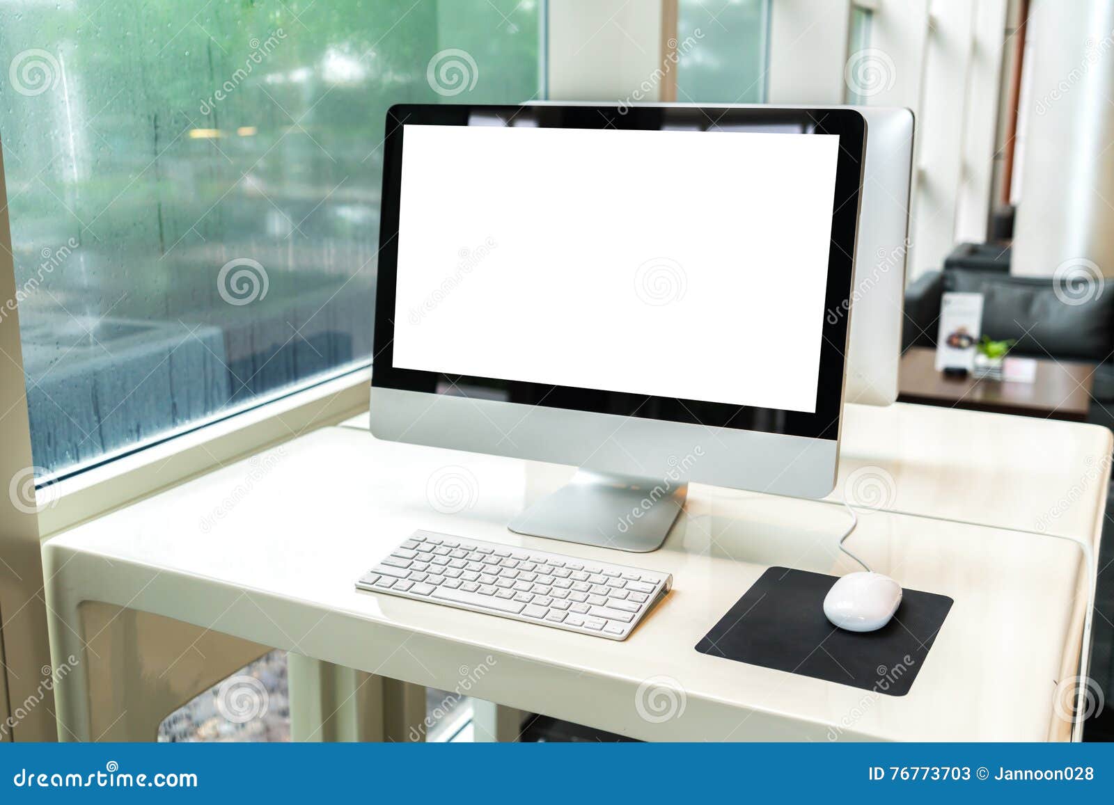 Computer on Table in Office, Workspace . Stock Image - Image of desktop ...