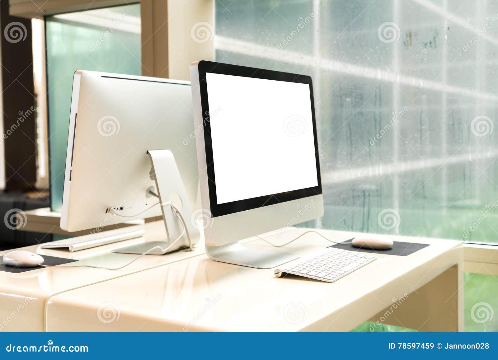 Computer on Table in Office, Workspace . Stock Image - Image of trendy ...