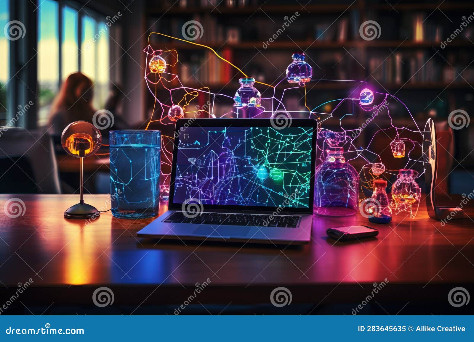 Computer on Table with Social Network Theme Drawing. Multi Exposure ...