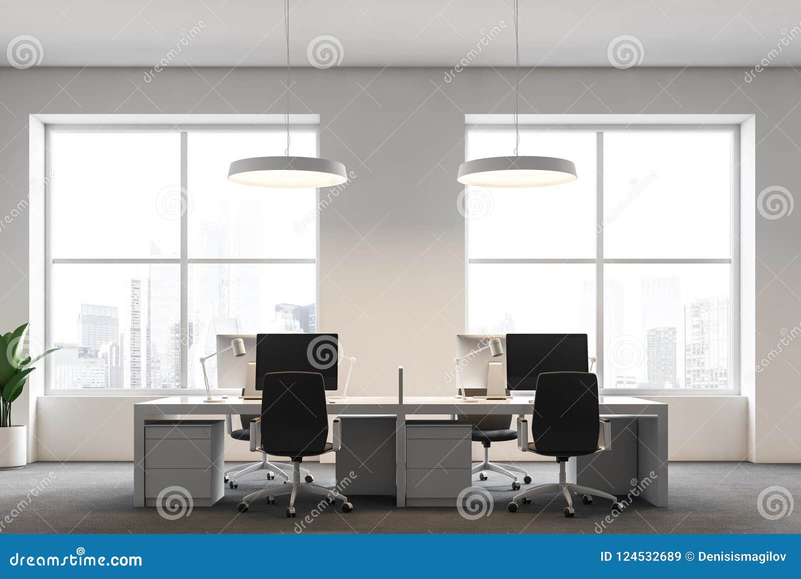 Computer Tables in Loft Office, Front View Stock Illustration ...