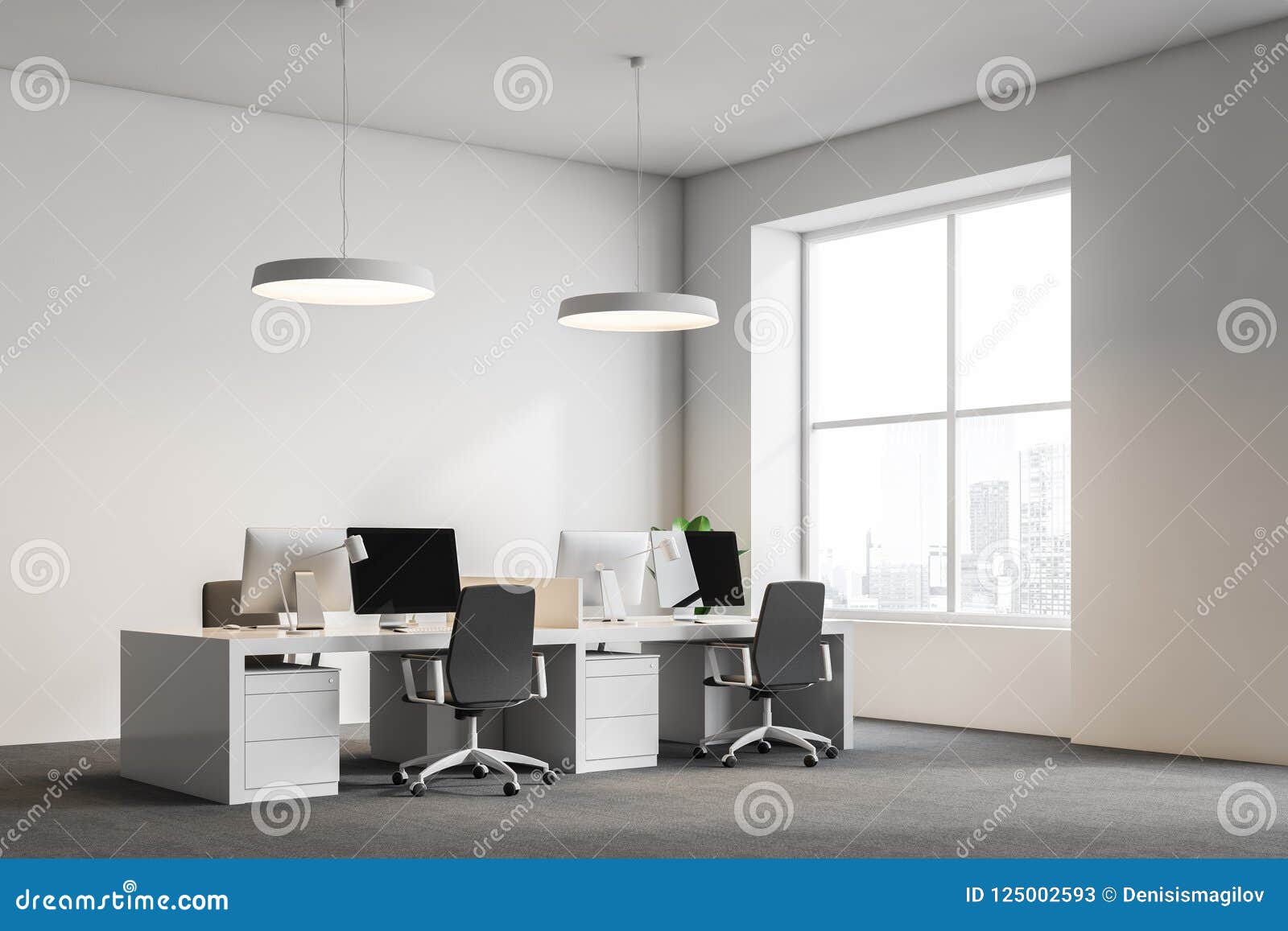 Computer Tables in Loft Office, Side View Stock Illustration ...