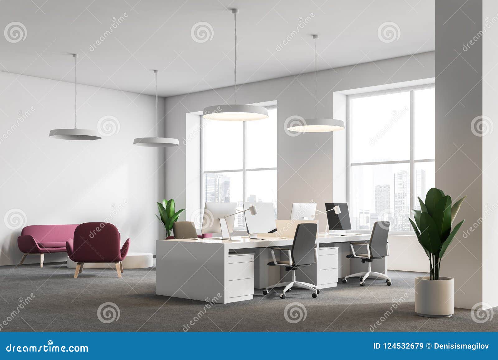 Computer Tables in White Office, Couch Side View Stock Illustration ...