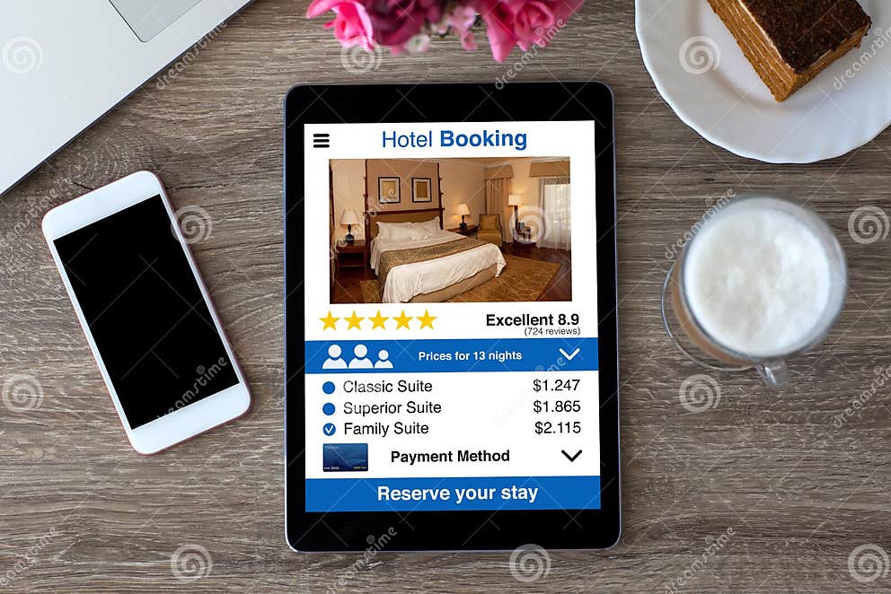 Computer Tablet with App Hotel Booking and Touch Phone Table Stock ...
