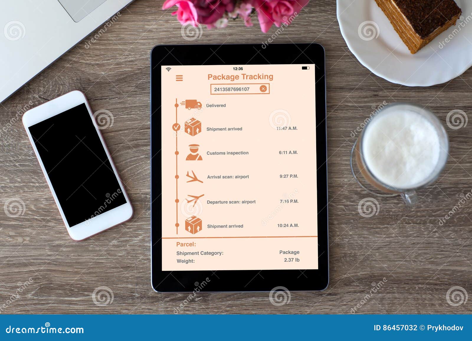 Computer Tablet with App Tracking Delivery Package and Phone Cafe Stock ...