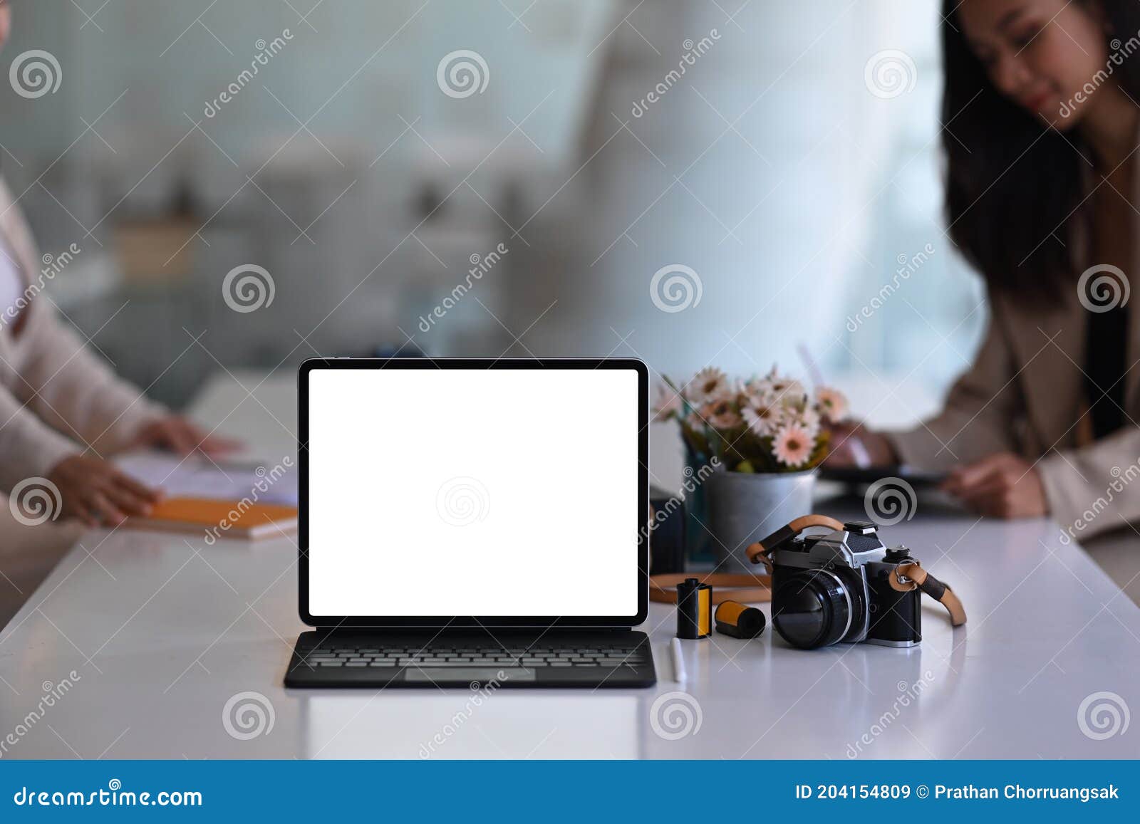 A Computer Tablet with Camera on Meeting Table. Stock Image - Image of ...