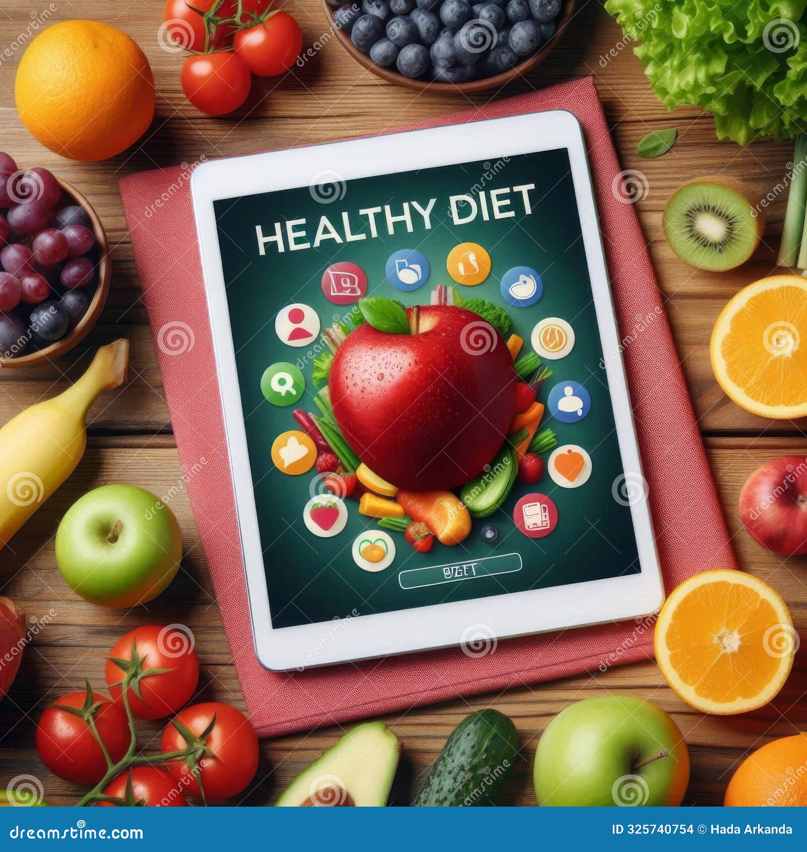 A Computer Tablet Displaying a Healthy Diet App, Surrounded by Fresh ...