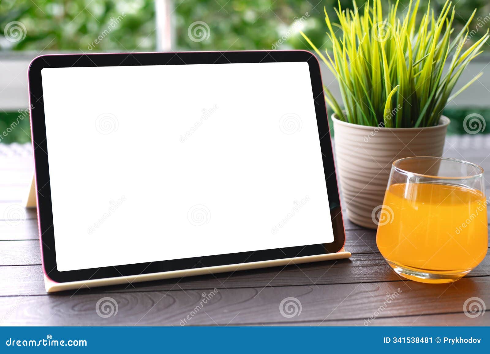 Computer Tablet with Isolated Screen Background Table Orange Juice Cafe Stock Image - Image of ...