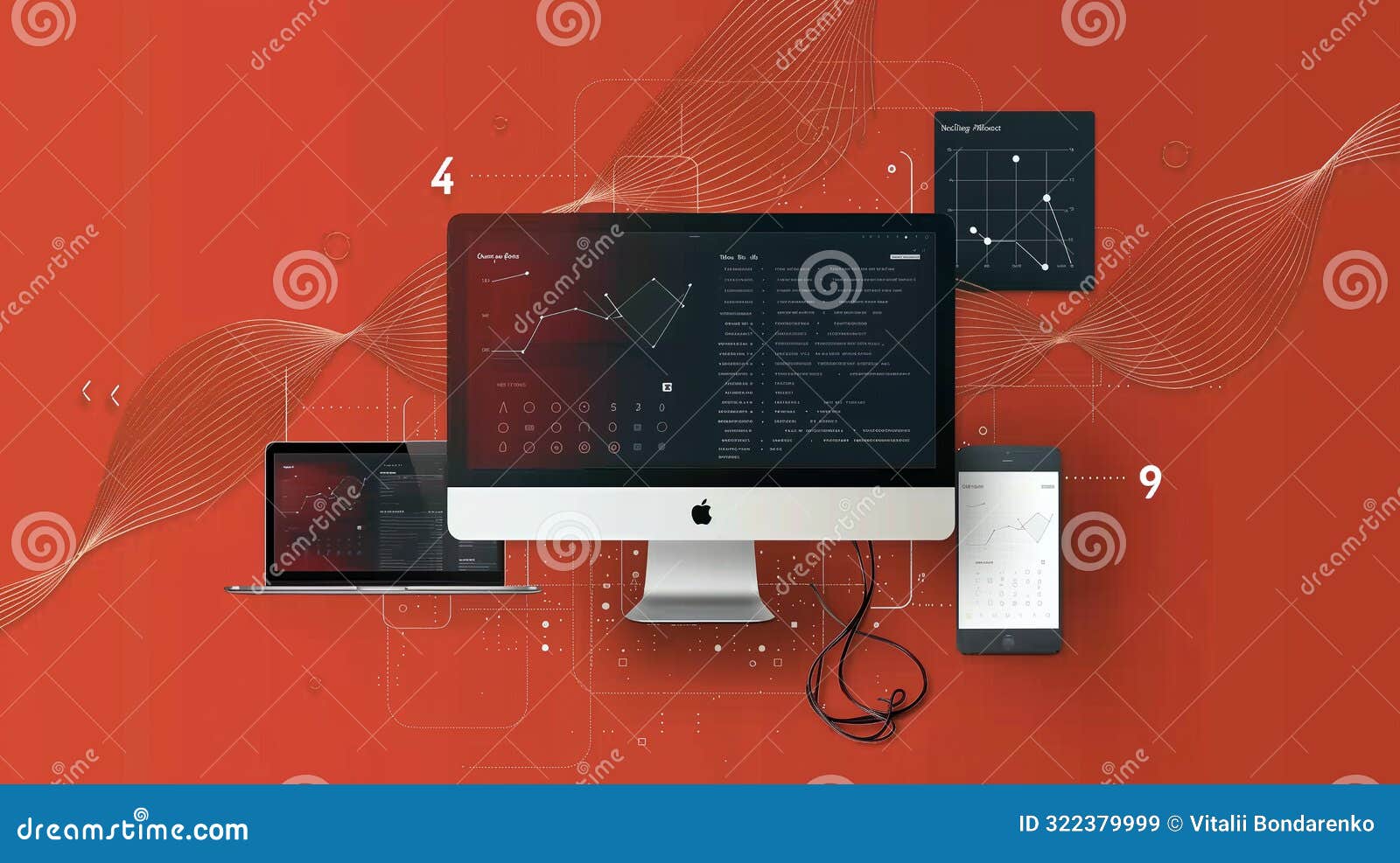 Computer, Tablet, Laptop and Mobile Phone on a Red Background. Stock ...