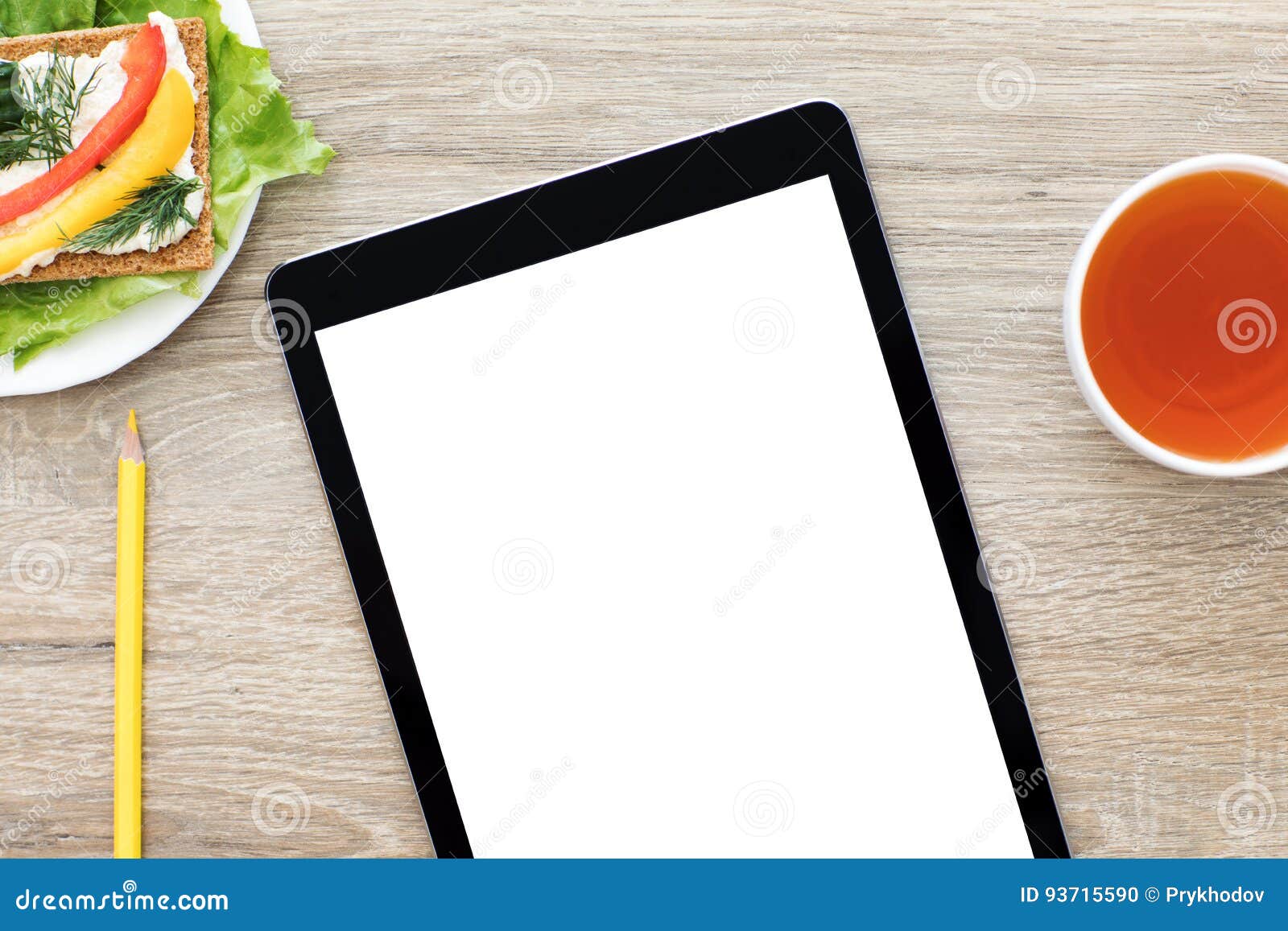 Computer Tablet with Screen on Wooden Table in Cafe Stock Photo - Image ...