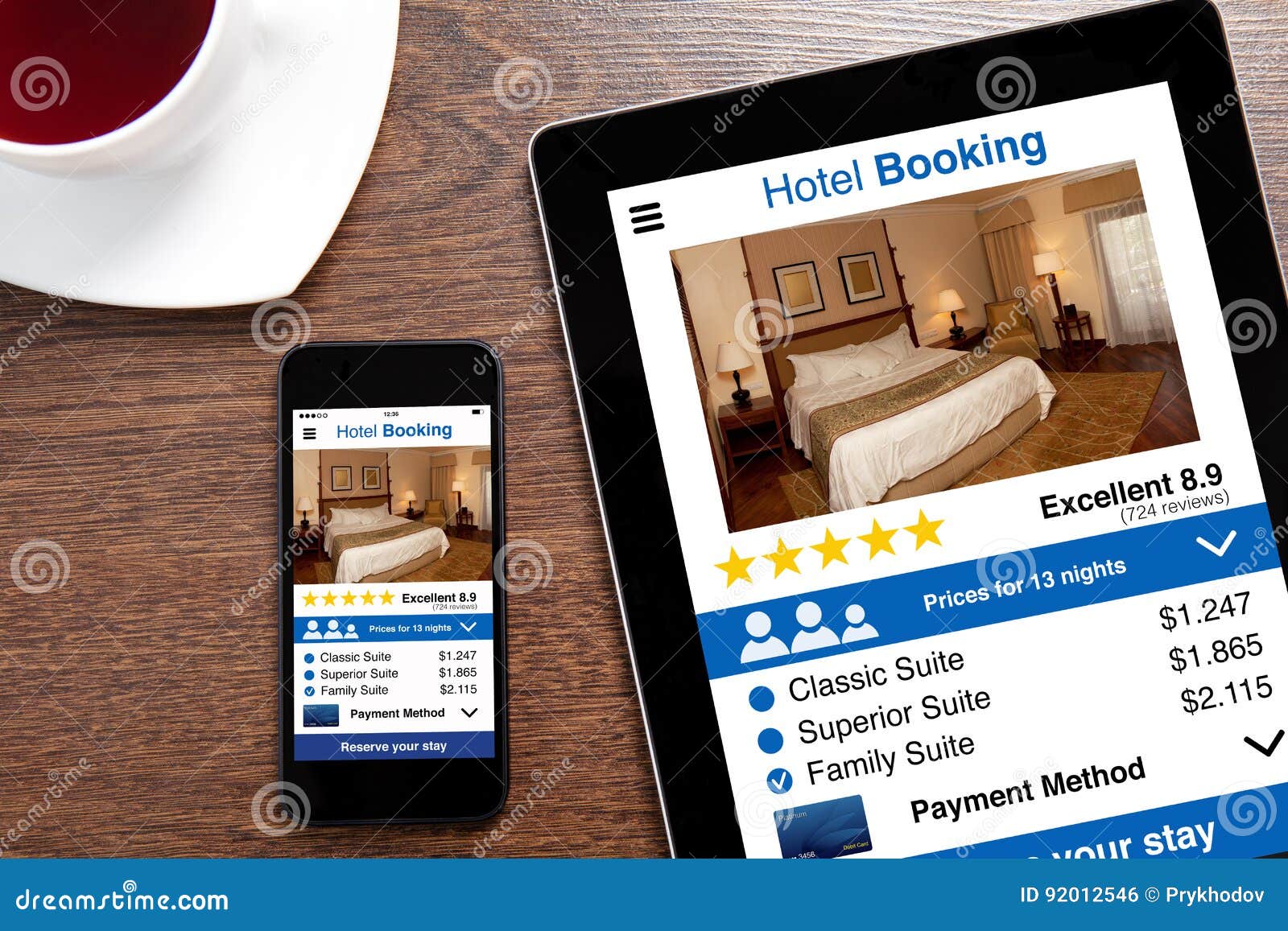 Computer Tablet and Touch Phone with App Hotel Booking Screen Stock ...