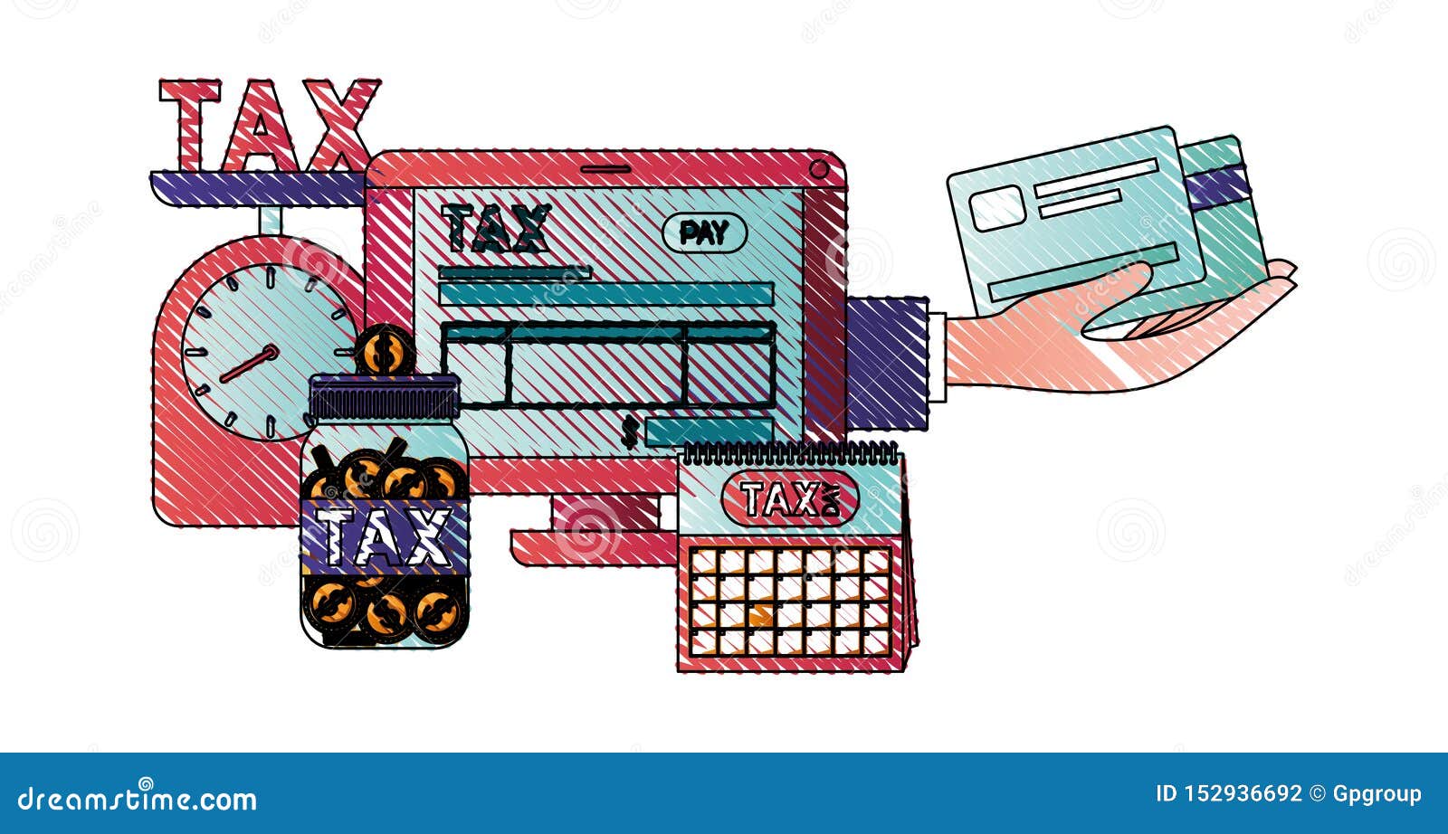 Computer with Tax on Line and Set Icons Stock Vector - Illustration of ...