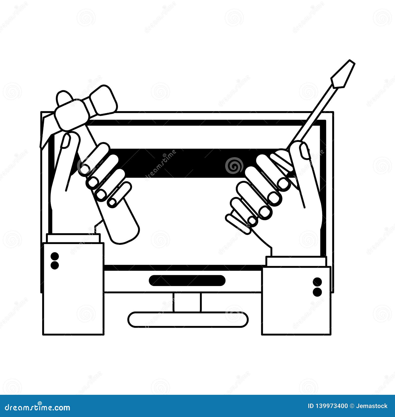 Computer Techinical Support Hands with Tools Black and White Stock ...