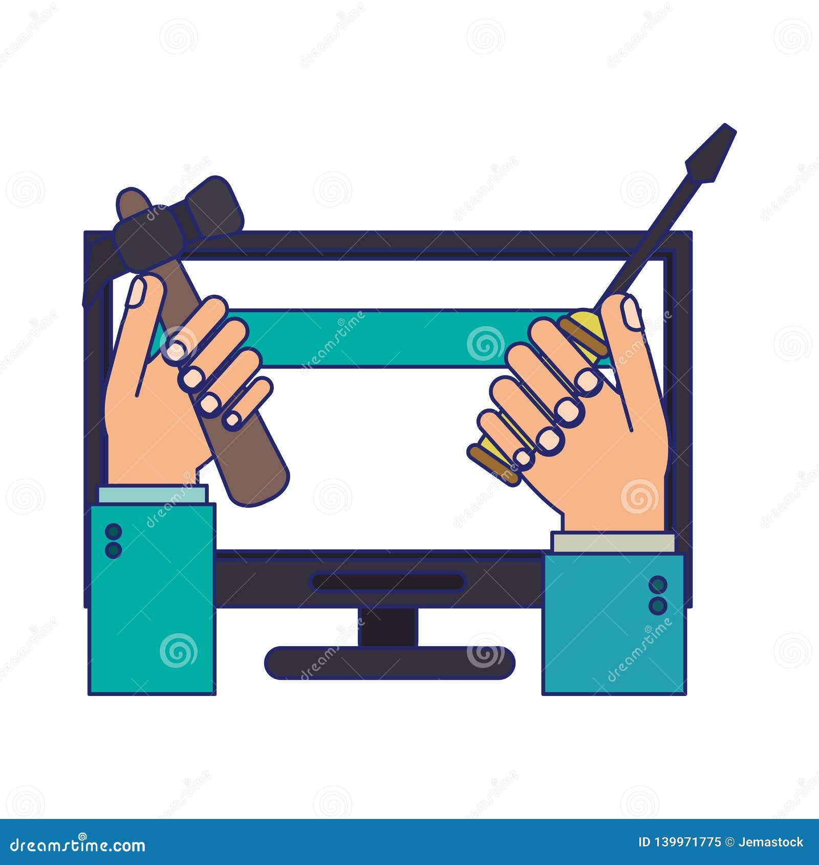 Computer Techinical Support Hands with Tools Blue Lines Stock Vector ...