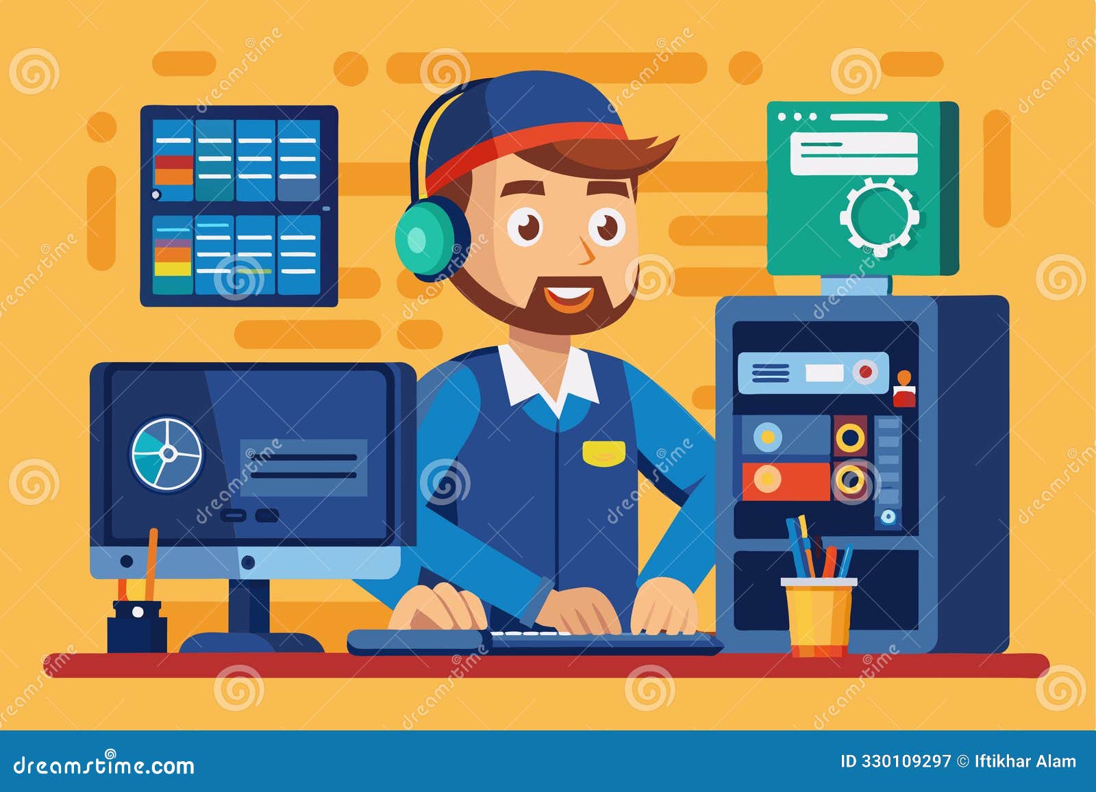 A Computer Technician Assists Clients at a Workstation Equipped with ...