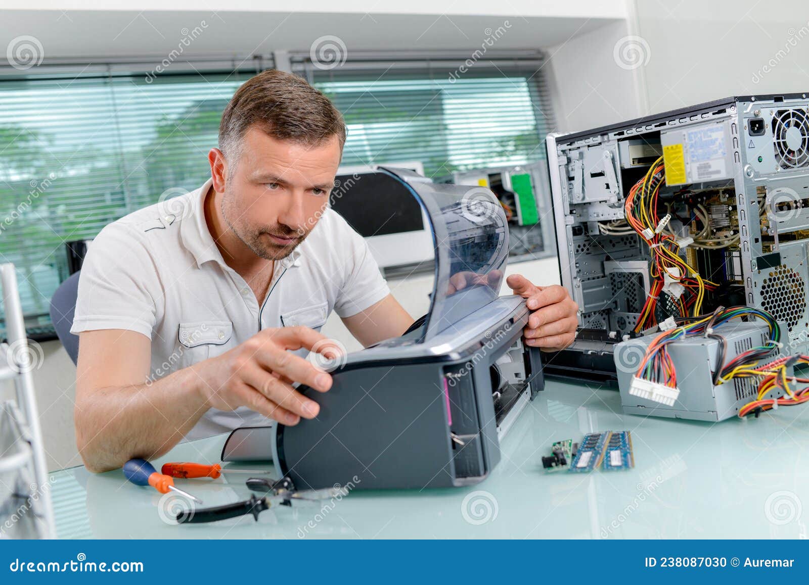 Computer Technician Fixing Printer Stock Photo - Image of defects ...