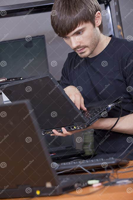 Computer Technician Installing Software Stock Image - Image of looking ...